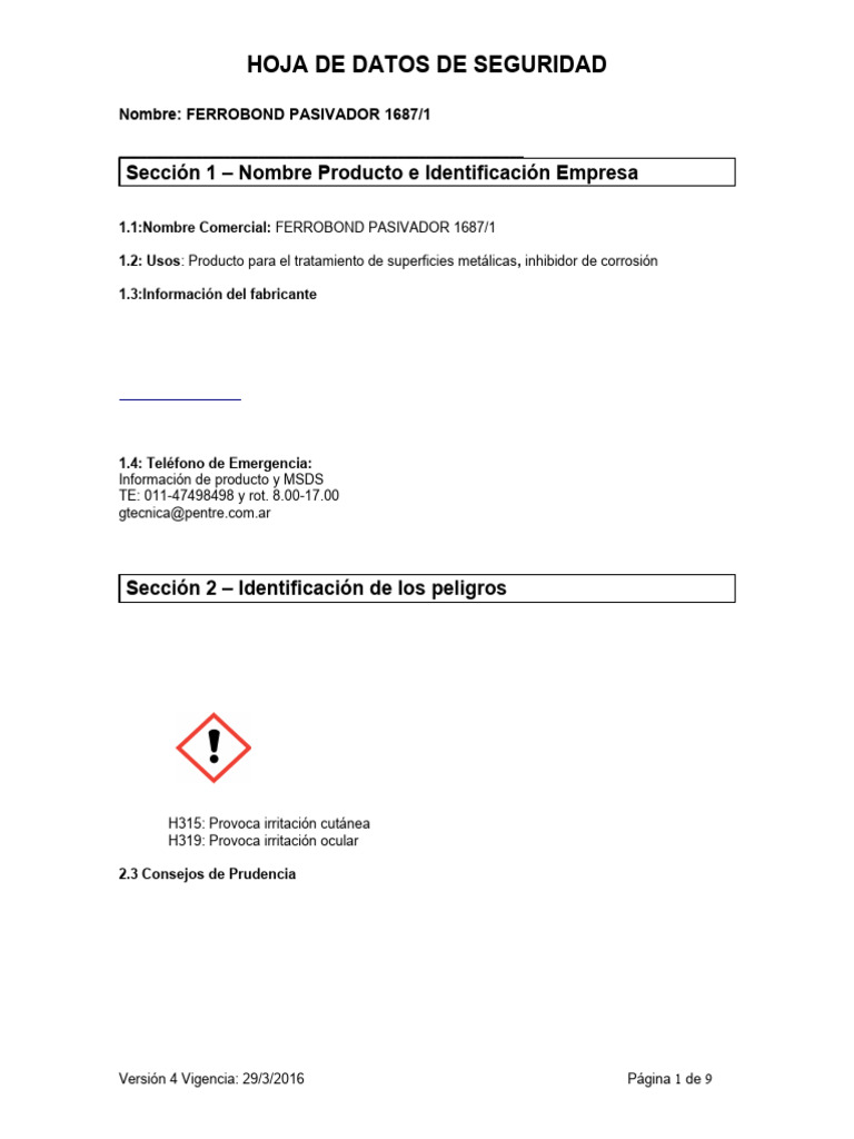 MSDS Ferrobond Pasivador 1687 1 | PDF | Toxicidad | Agua