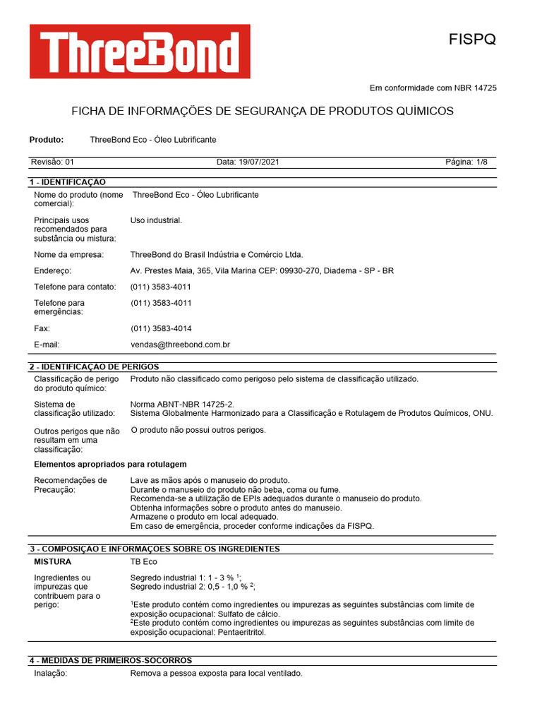 FISPQ ThreeBond Eco Leo Lubrificant V01 20210719105039 | PDF | Embalagem e rotulagem | Dióxido ...