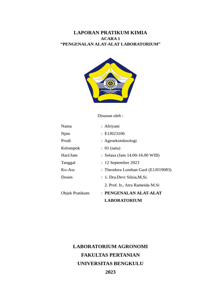 LAPRAK KIMIA Pengenalan Alat-Alat Laboratorium Acara 1 Afriyani 2023 | PDF
