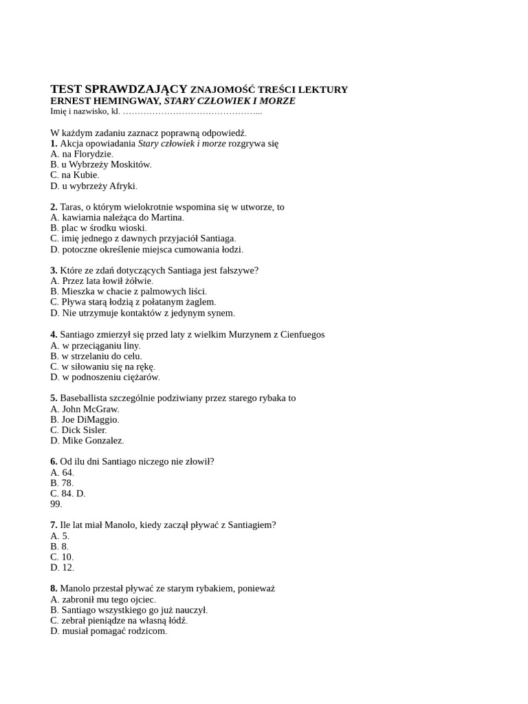 Stary Czlowiek I Morze - Test | PDF Stary Czlowiek I Morze - Test | PDF