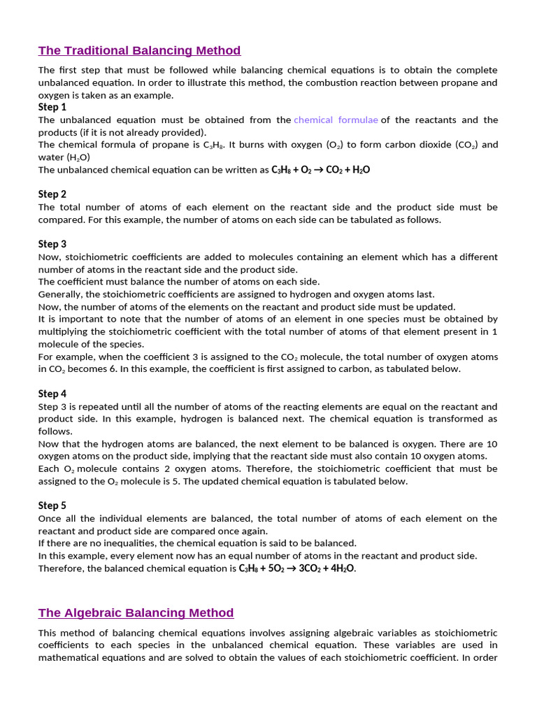 The Traditional Balancing Method and Algebraic Balancing Method | PDF | Stoichiometry | Chemistry