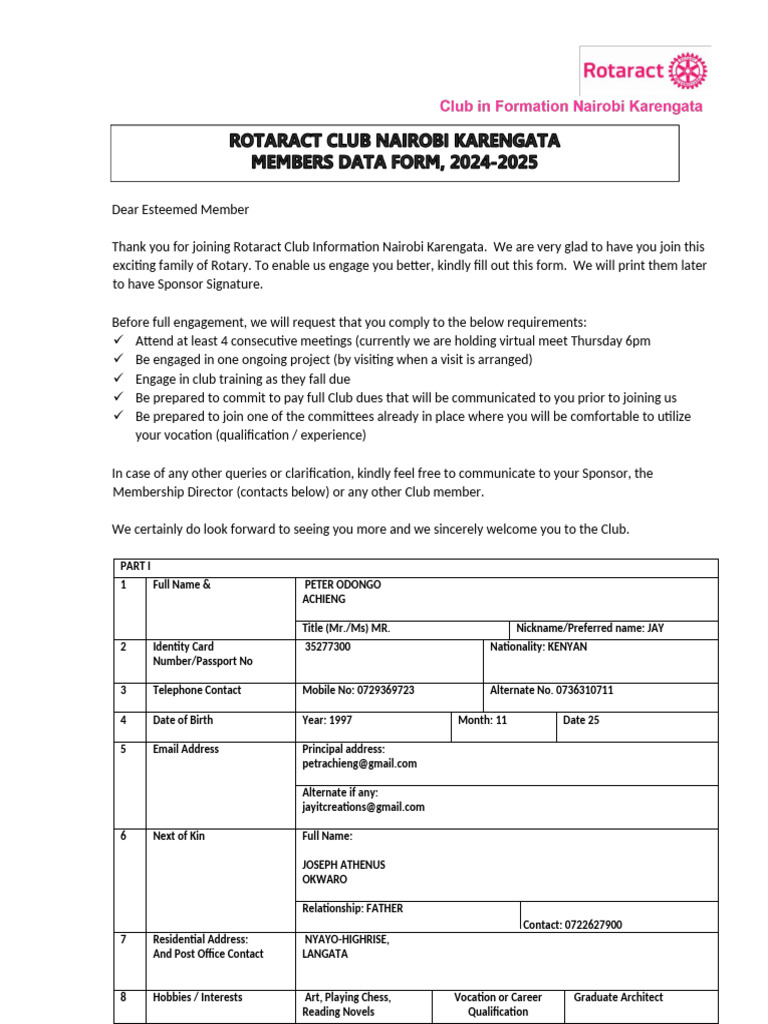 Rotaract - New - Member - Data - Form - 2024-2025 (1) (AutoRecovered) | PDF