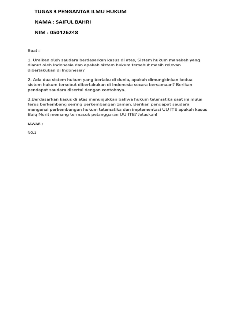Tugas 3 Pengantar Ilmu Hukum Saiful Bahri (050426248) | PDF | Komputer