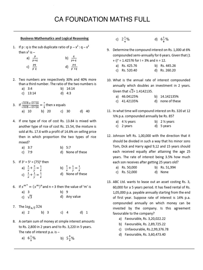 CA Foundation Math Test | PDF | Interest