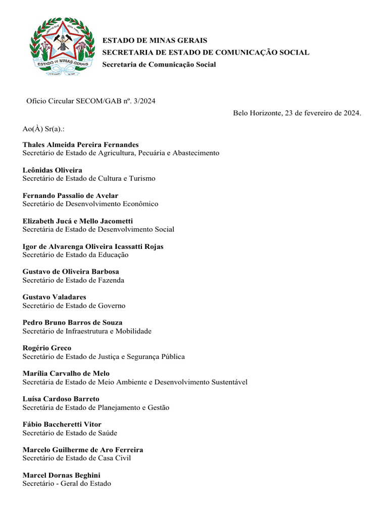 Ofício Circular SECOM-GAB Nº. 3-2024 | PDF | Estado | Secretário de Estado