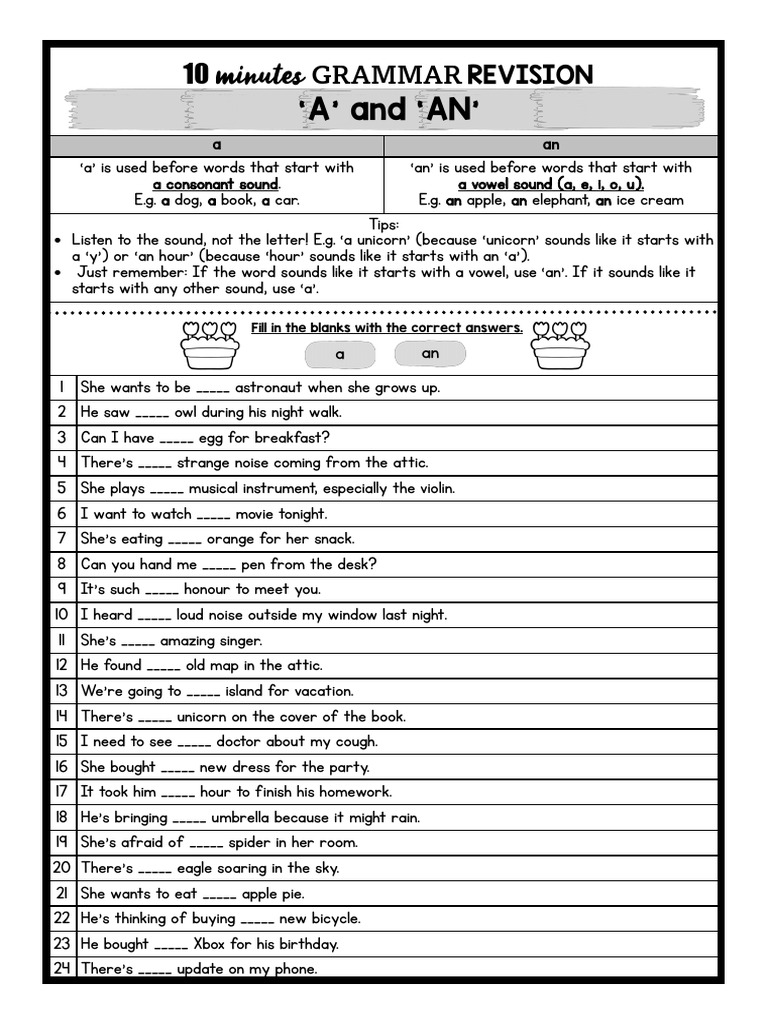 10 MINUTES GRAMMAR REVISION A and AN | PDF
