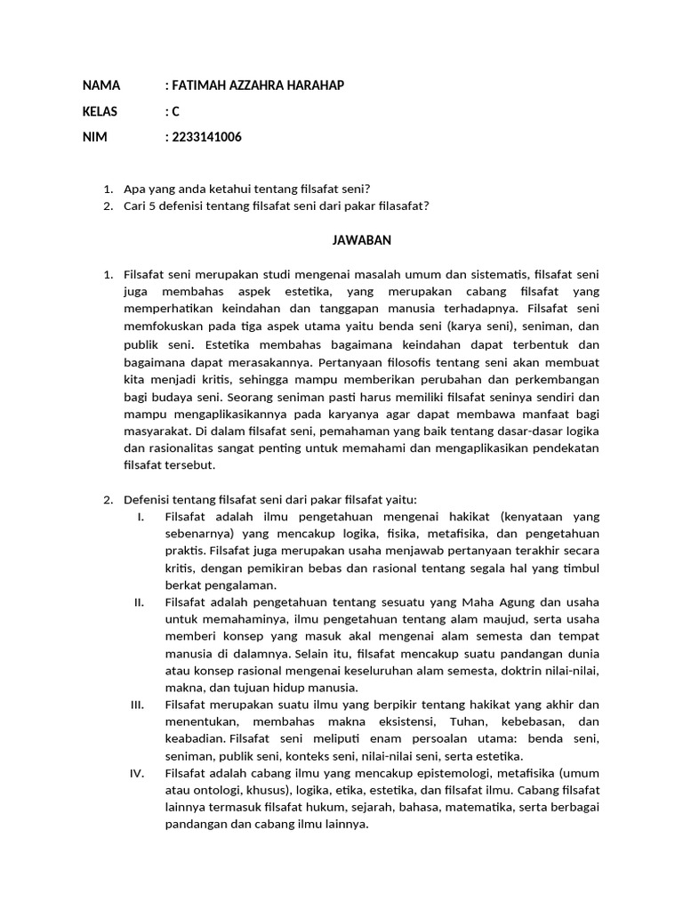 Estetika Dan Filsafat - Fatimah Azzahra Harahap | PDF | Filsafat