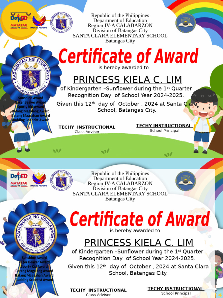 Kindergarten Sunshine Award Certificate | PDF | Philippines | Social ...