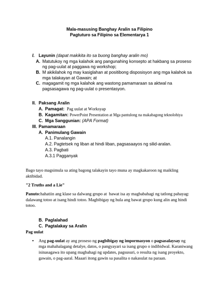Mala-Masusing Banghay Aralin Sa Pagtuturo Sa Filipino Sa Elementarya 1 | PDF