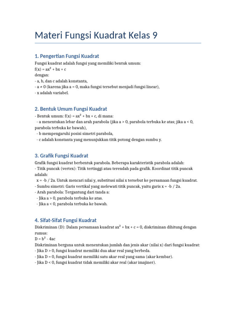 Materi Fungsi Kuadrat Kelas 9 | PDF