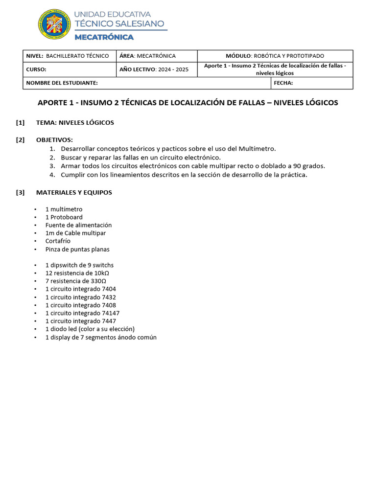 Aporte 1 - Insumo 2 Técnicas de Localización de Fallas NIVELES LÓGICOS ...