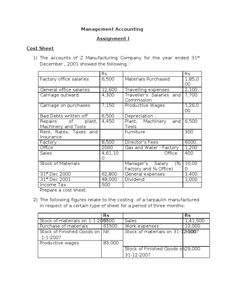 Management Accounting Costing Assignment | PDF | Income Statement | Expense