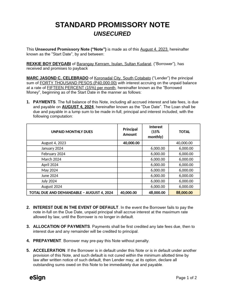 Unsecured Promissory Note Template | PDF | Interest | Promissory Note