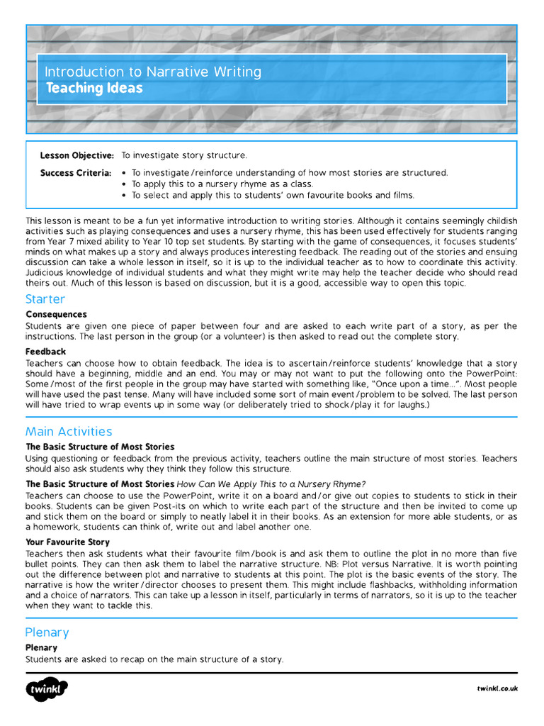 Introduction To Narrative Writing Teaching Ideas | PDF