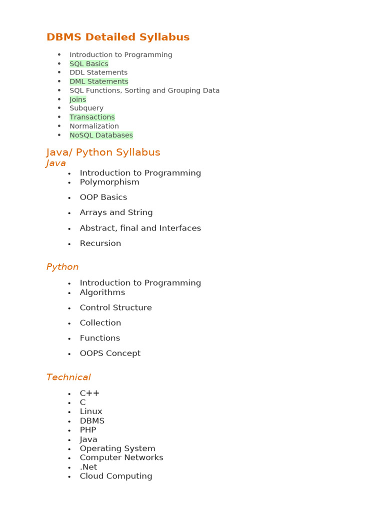 Technical Detailed Syllabus | PDF | Databases | String (Computer Science)