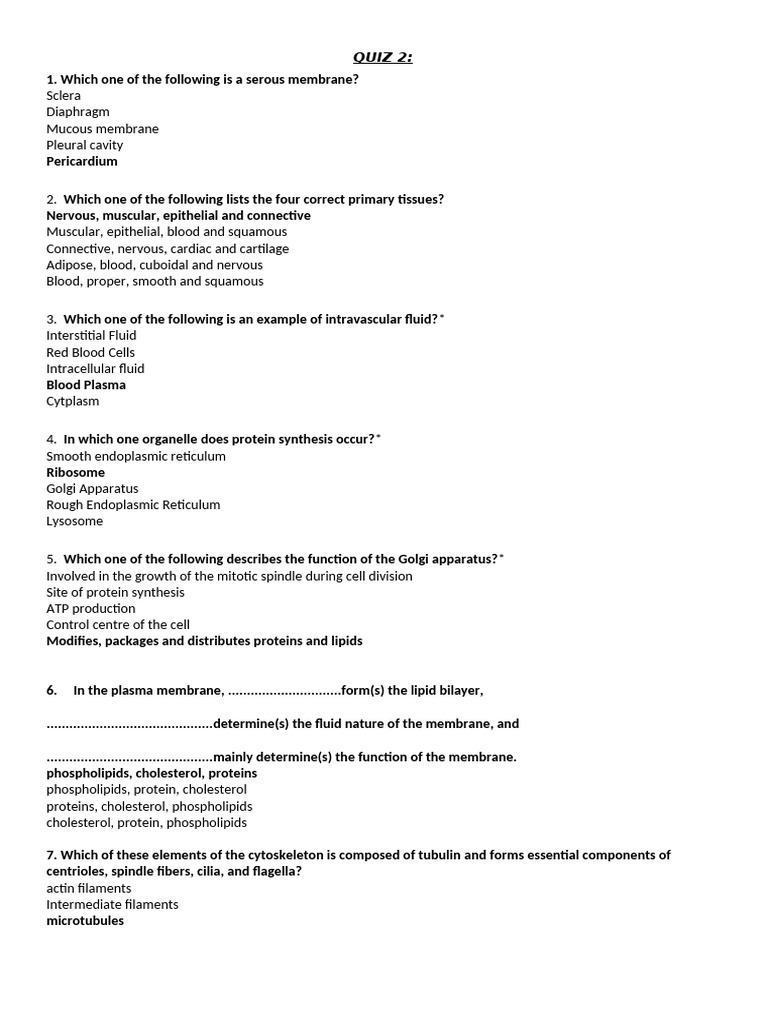Quiz 2 | PDF | Epithelium | Endoplasmic Reticulum