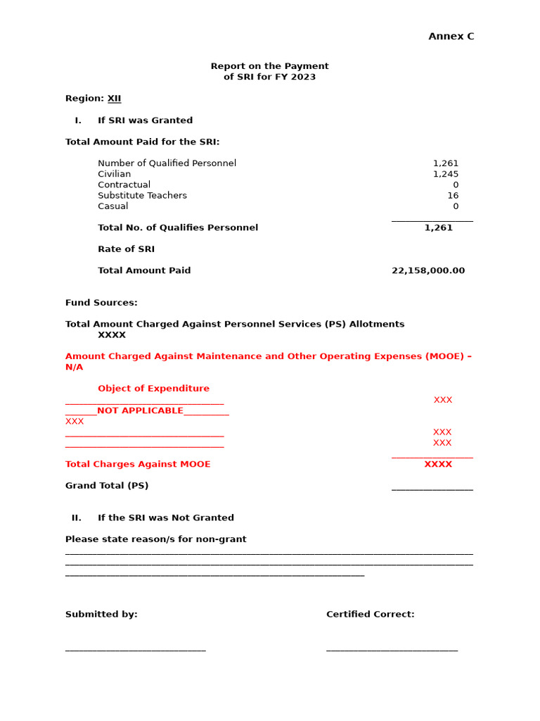 Annex C Template - Report On The Payment of SRI For FY 2023 | PDF
