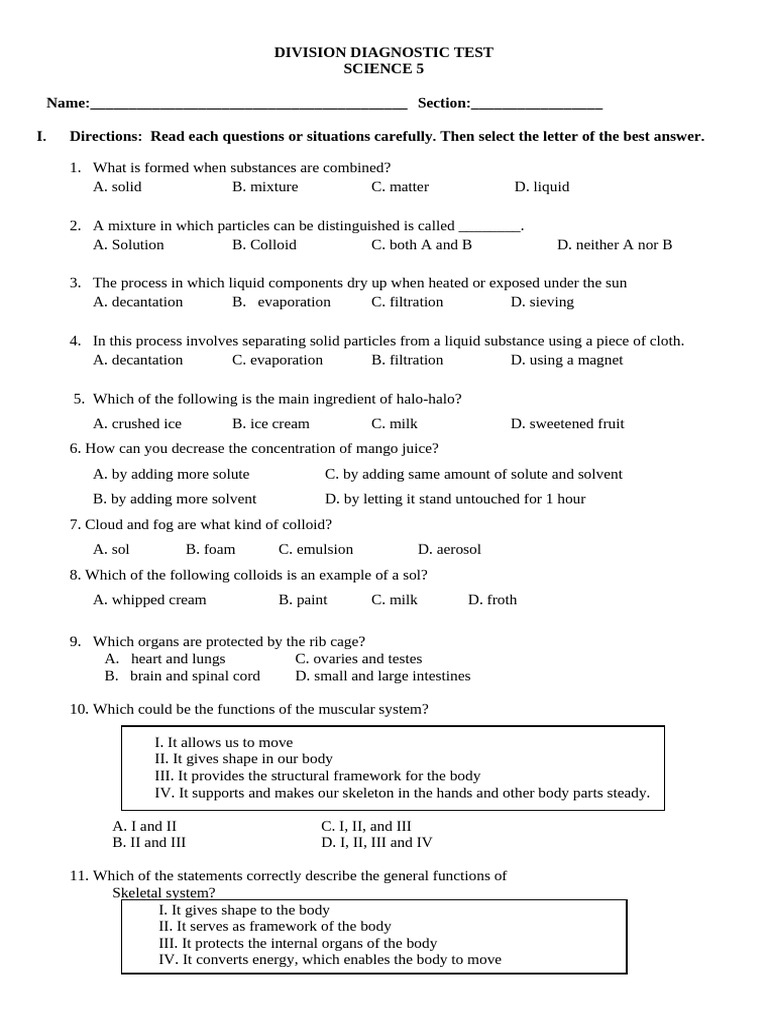 5th Grade Science Diagnostic Test | PDF | Heart | Mixture