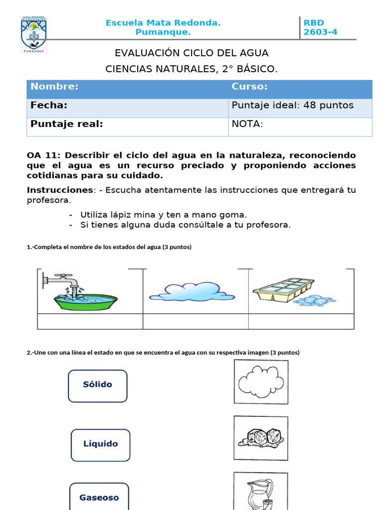EVALUACIÓN CICLO DEL AGUA 2° aÑO | PDF | Agua