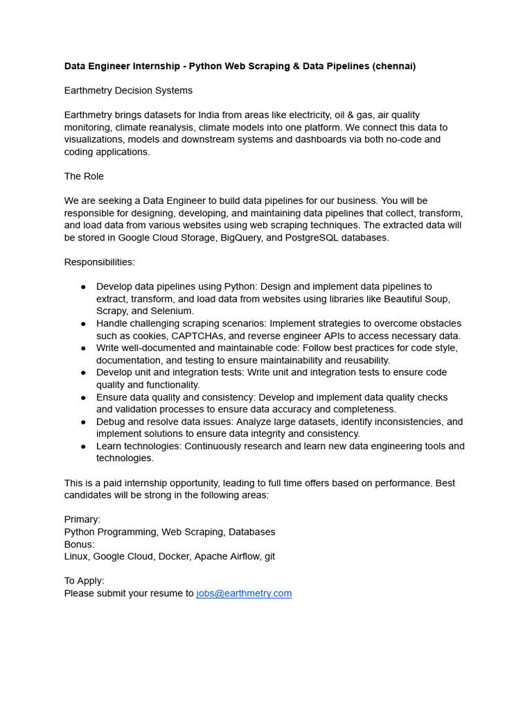 JD Data Engineer Intern | PDF JD Data Engineer Intern | PDF