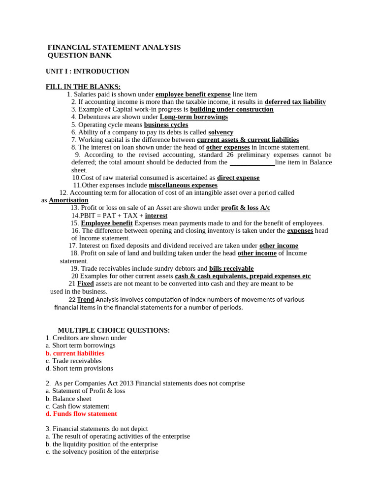 QUESTION BANK FSA - Solved | PDF | Expense | Financial Statement
