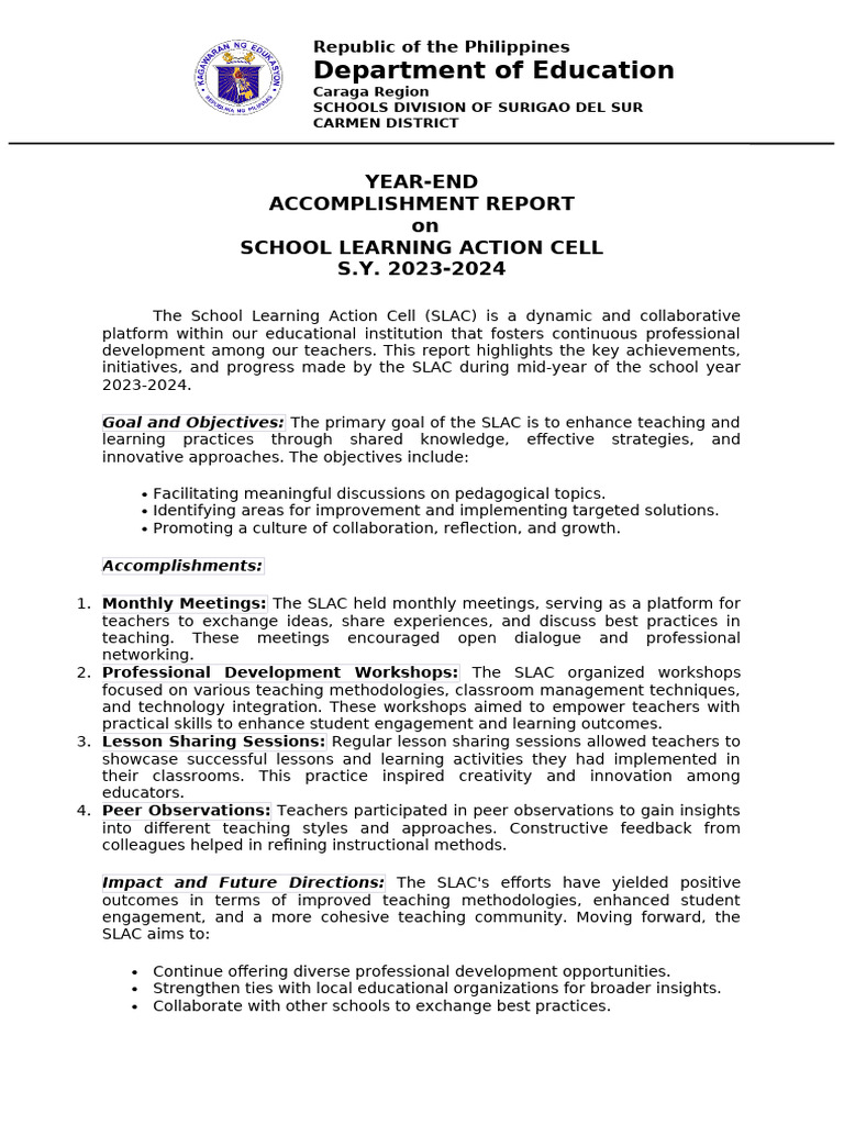 Mid-Year Accomplishment Report-SLAC 2022-23 | PDF | Teachers | Learning