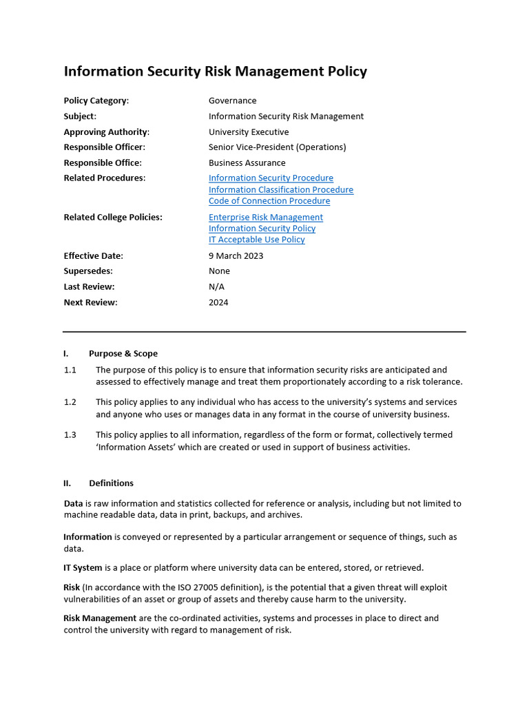 InfoSec Risk Management Policy | PDF | Risk | Information Security