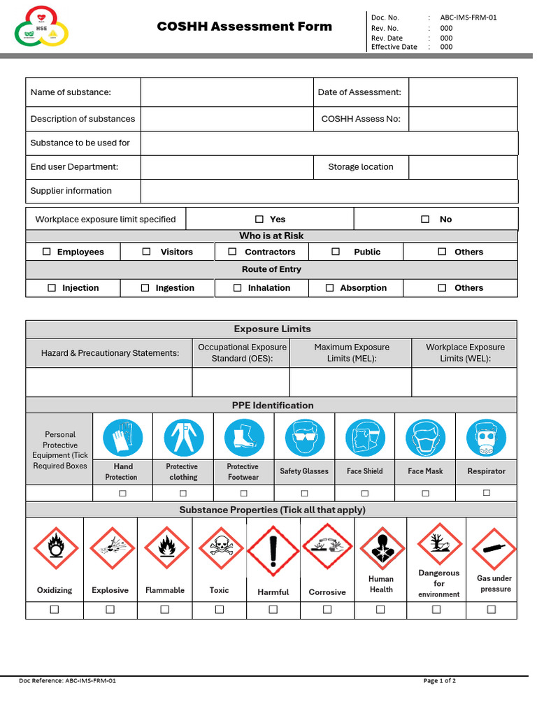 Coshh Form | PDF | Workplace | Working Conditions
