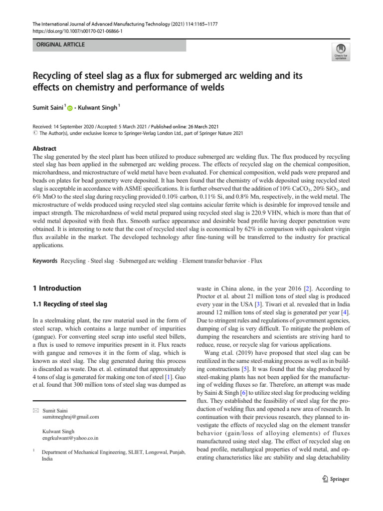 Recycling of Steel Slag As A Flux For Submerged Arc Welding and Its ...