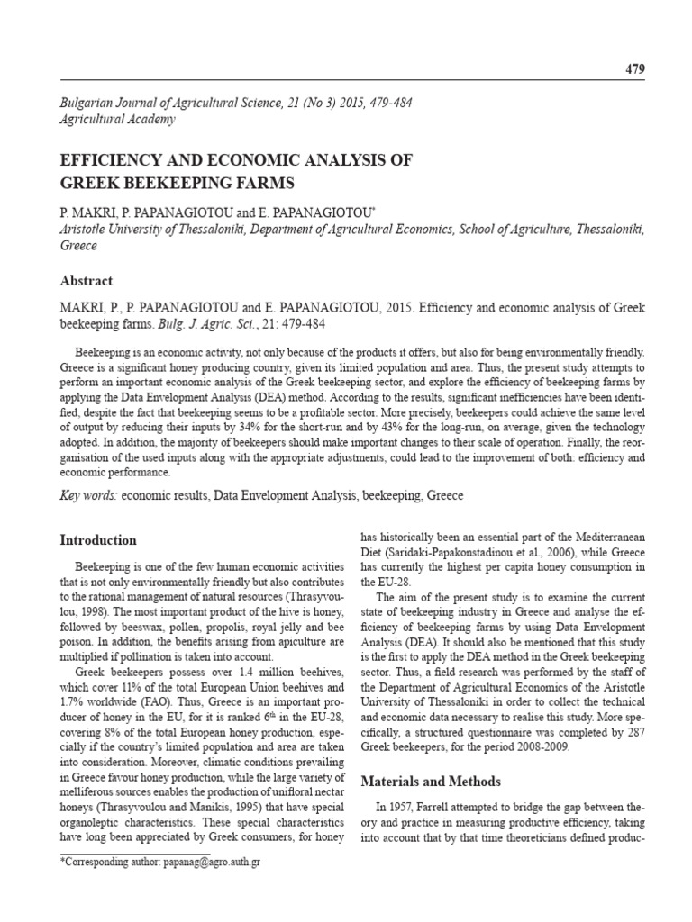 Efficiency and Economic Analysis of Greek Beekeeping Farm | PDF ...