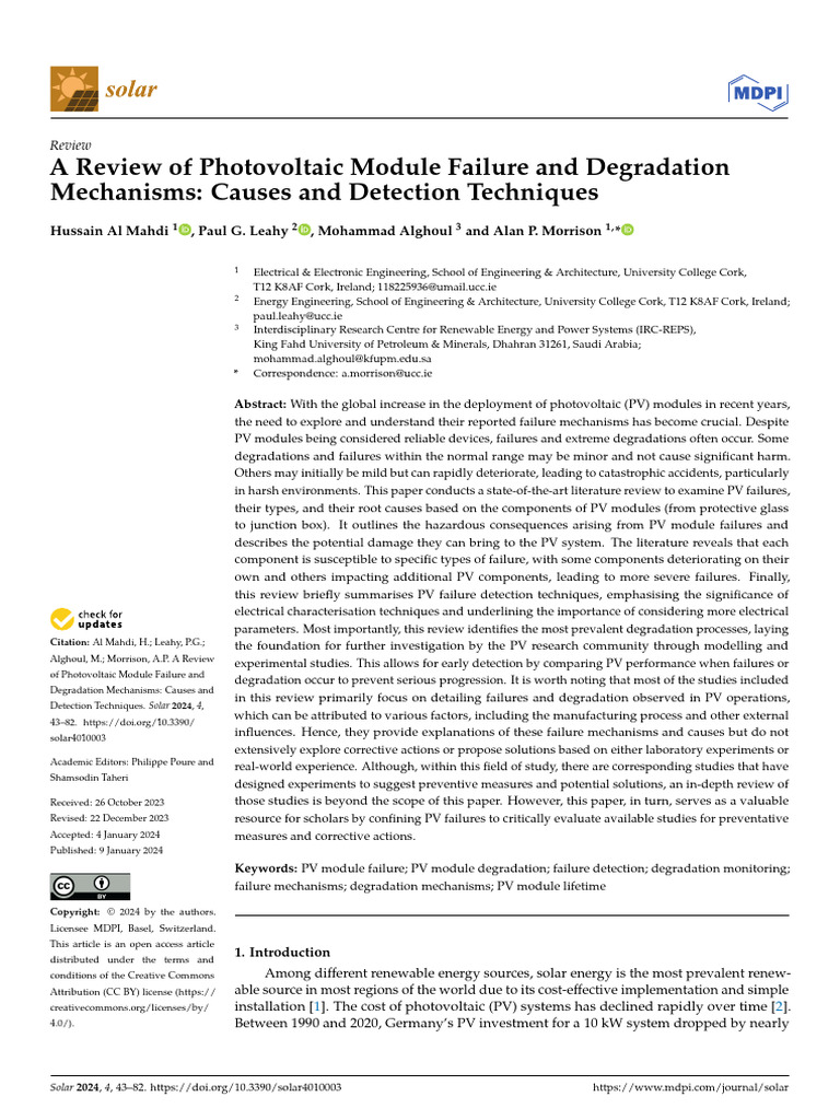 A Review of Photovoltaic Module Failure and Degradation - Causes and ...