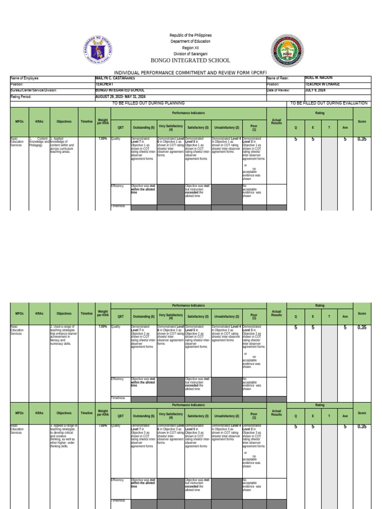 Ipcrf 2023 2024castanares Nacion Yearend | PDF | Learning | Pedagogy