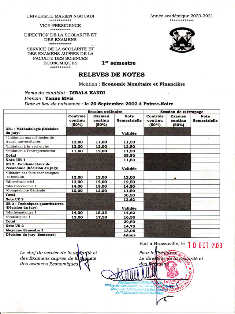 Releve Des Notes L1 | PDF