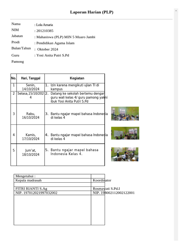 Laporan Harian Individu PLP Minggu 1 | PDF | Kesehatan Holistik