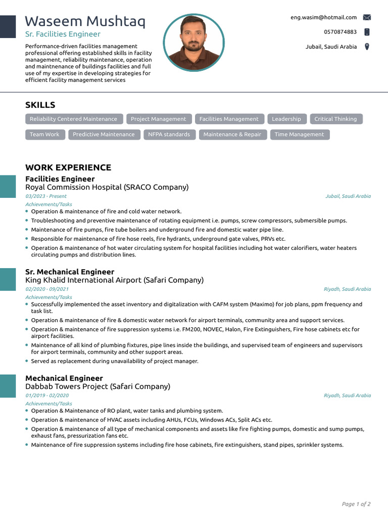 Facilities Engineer Resume Summary | PDF | Pump | Water Heating