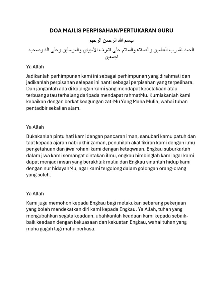 Teks Doa Majlis Perpisahanpertukaran Guru | PDF | Pengembangan Diri ...