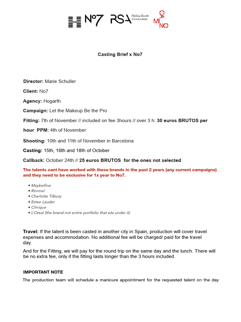N7 X Camino Casting - Casting Brief - Spain | PDF | Video On Demand ...