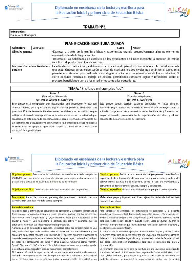 Trabajo Nº1 Escritura Guiada | PDF | Educación de la primera infancia ...