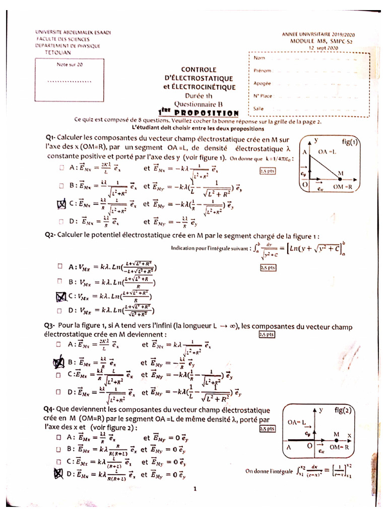 Corr-CC-B Electrostatique sept 2020 | PDF