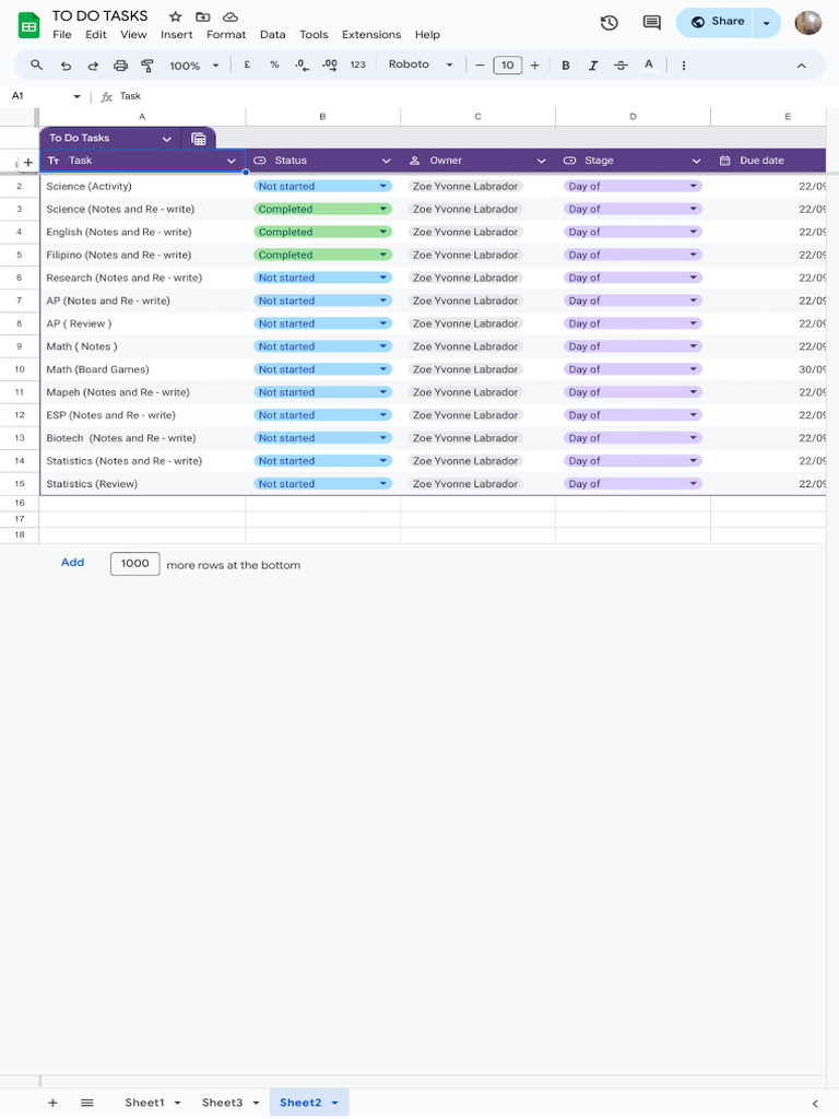 To Do Tasks - Google Sheets | PDF