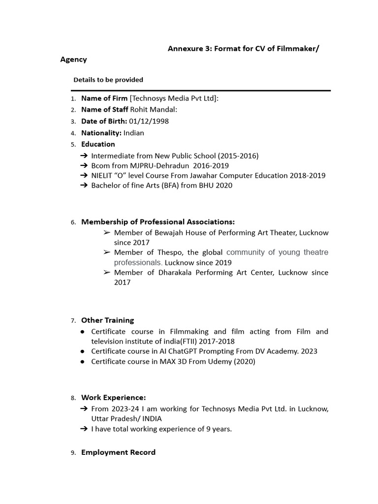 Annexure 3 Format For CV of Filmmaker | PDF | Business