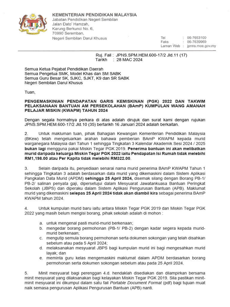 Surat PGK 2022 Dan Takwim BAmP KWAPM Tahun 2024 | PDF