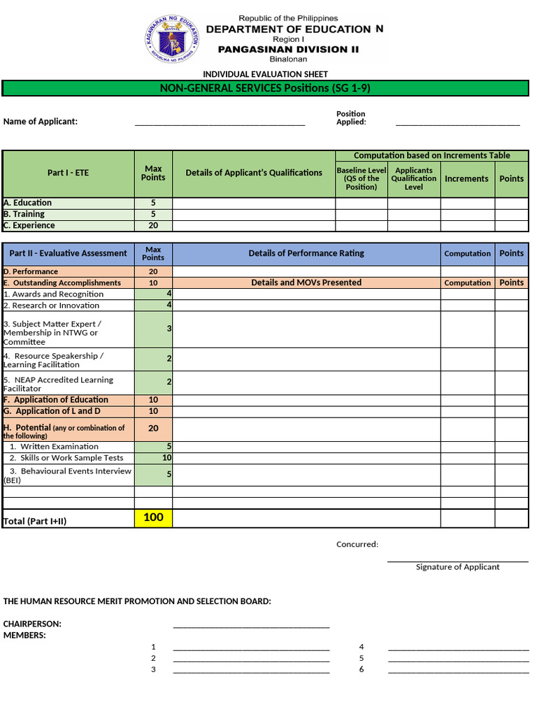 Individual Evaluation Sheet Non General Services SG 1 9 | PDF