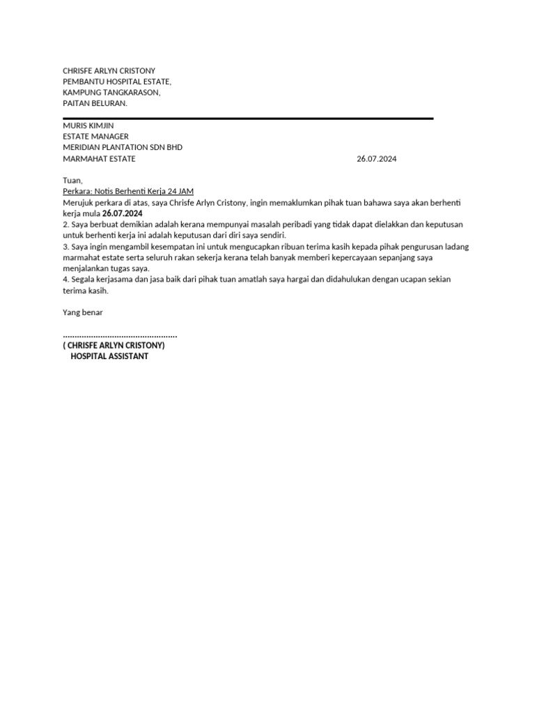 Notis Berhenti Kerja 24jam | PDF