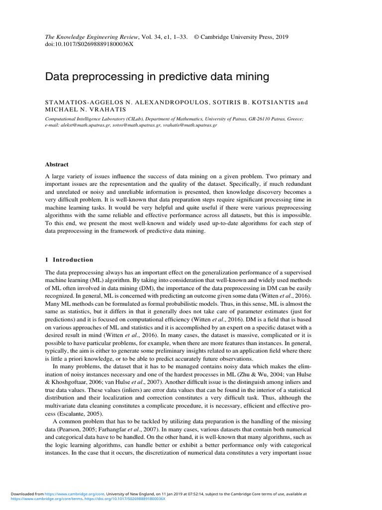 Data Preprocessing in Predictive Data Mining: The Knowledge Engineering Review | PDF | Support ...