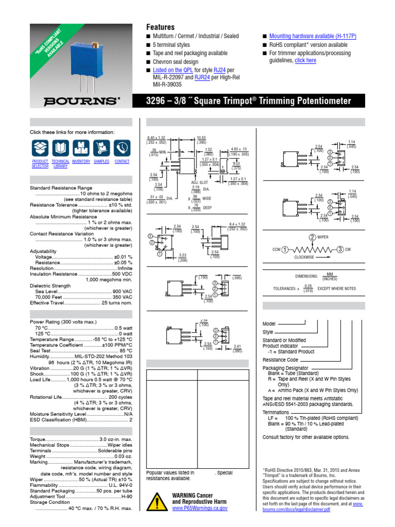 3296 - 3/8 Square Trimpot Trimming Potentiometer: Features | PDF | Electrical Resistance And ...