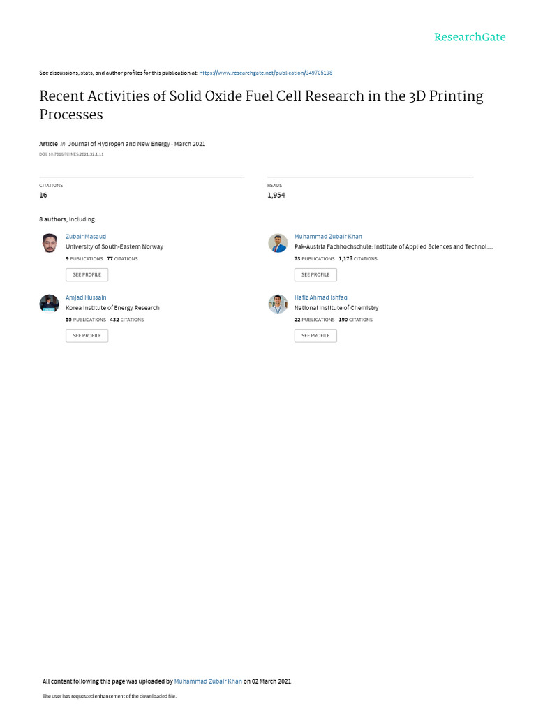 Recent Activities of Solid Oxide Fuel Cell Research in The 3D Printing ...