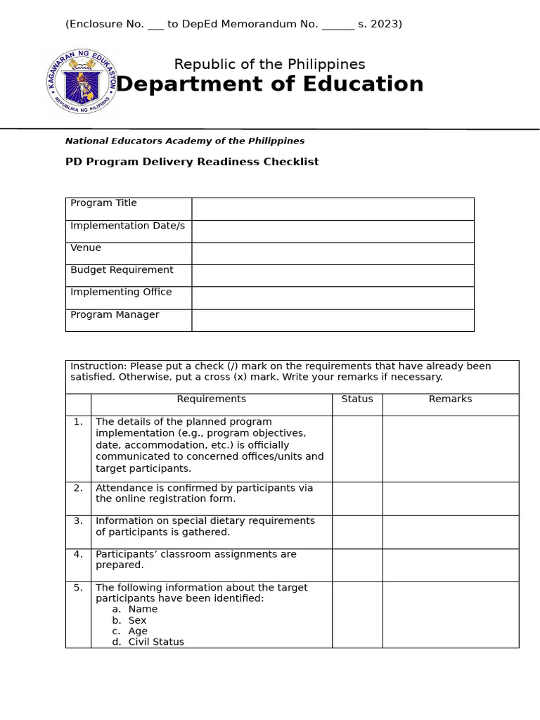 PD Program Delivery Readiness Checklist | PDF | Teachers