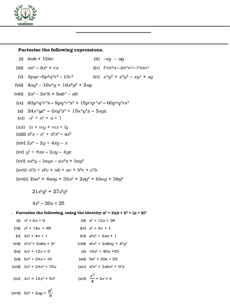 Grade 8 Math Factorisation Worksheet | PDF