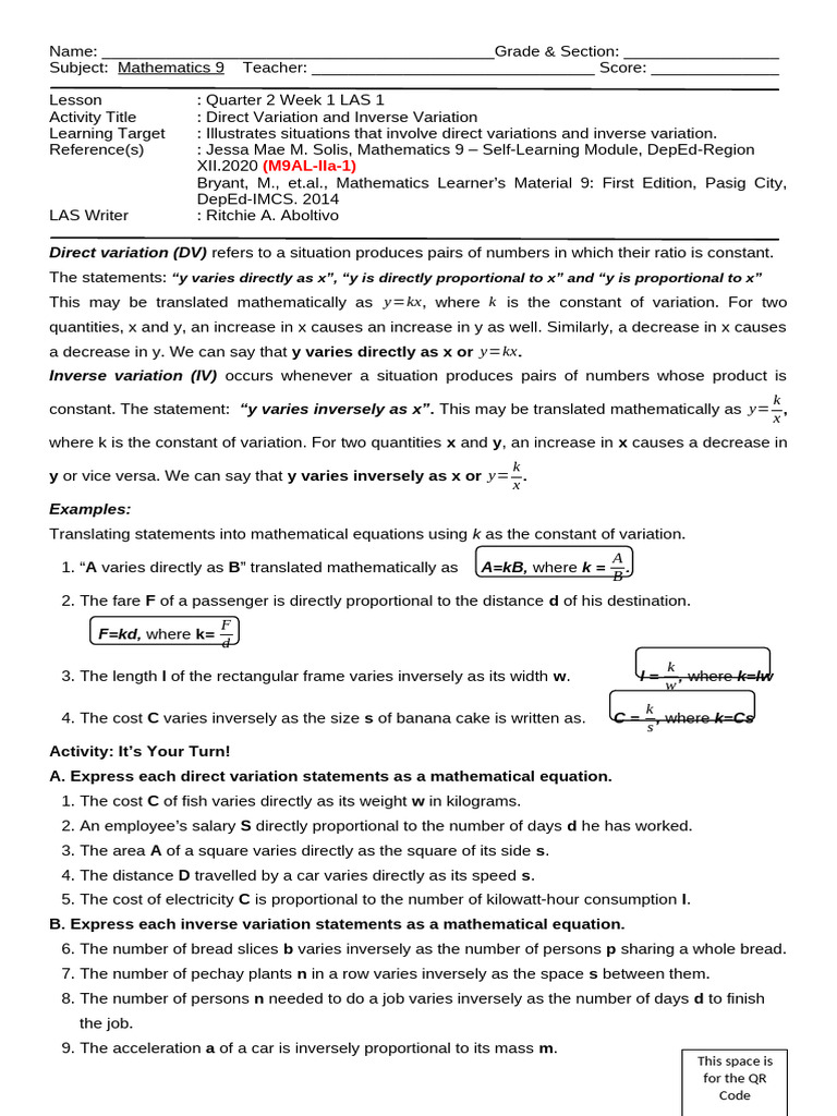 LAS Math9 WEEK1 LAS1 DIRECTandINVERSE - VARIATIONS - Revise | PDF ...